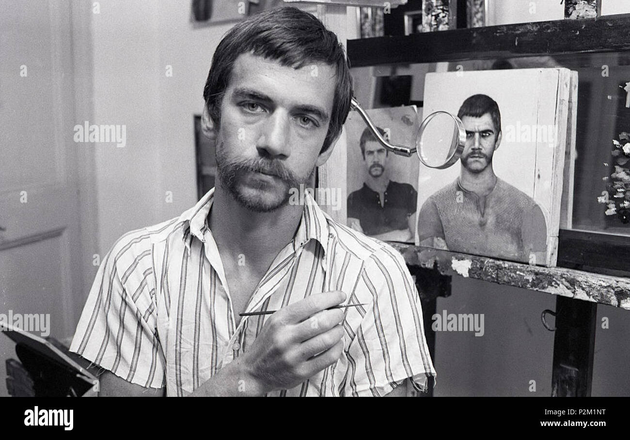 . American magic realist painter Gregory Gillespie in his studio, in ...