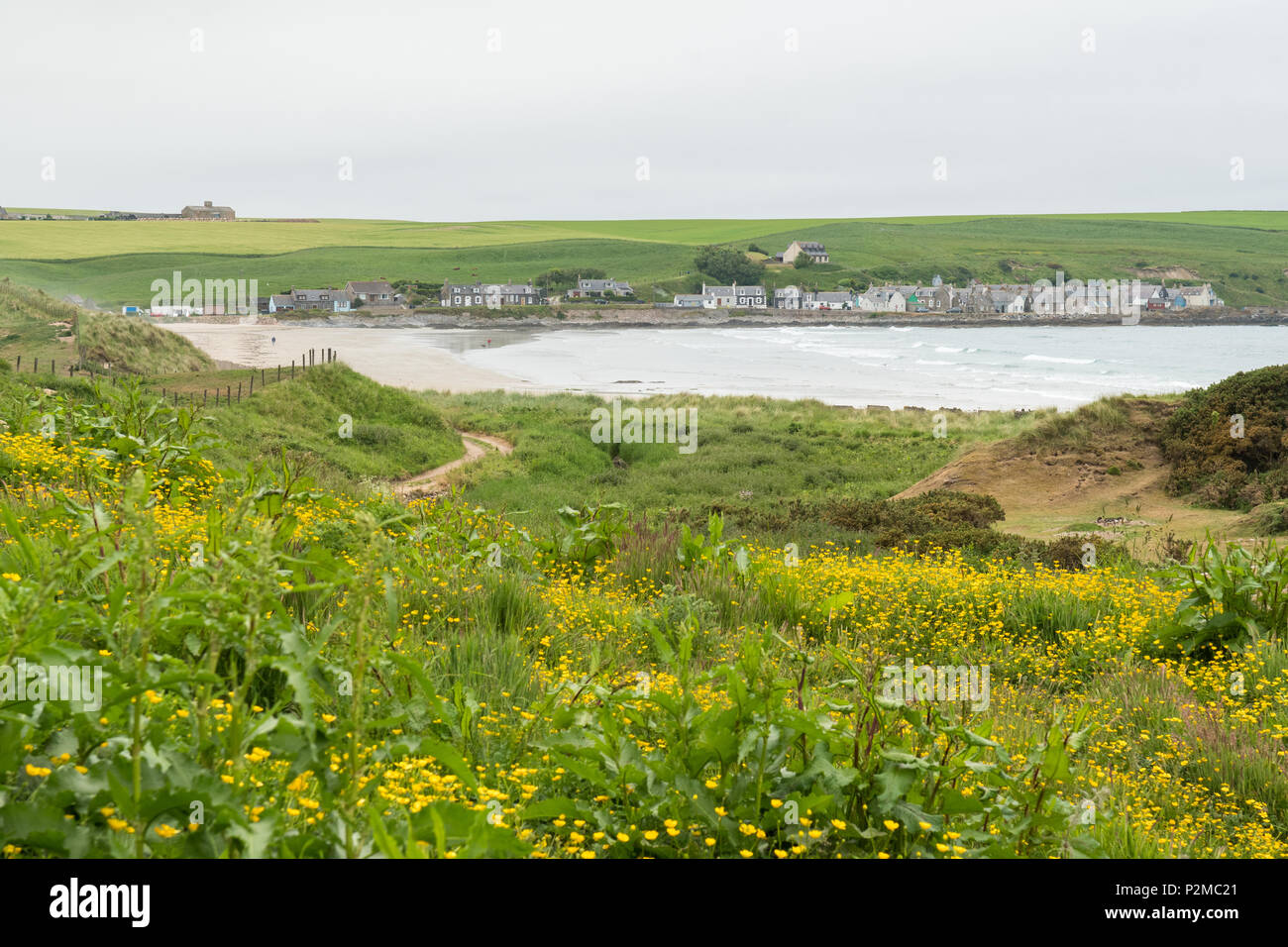 Sandend, and Sandend Beach, Aberdeenshire, Scotland, UK - seen across ...