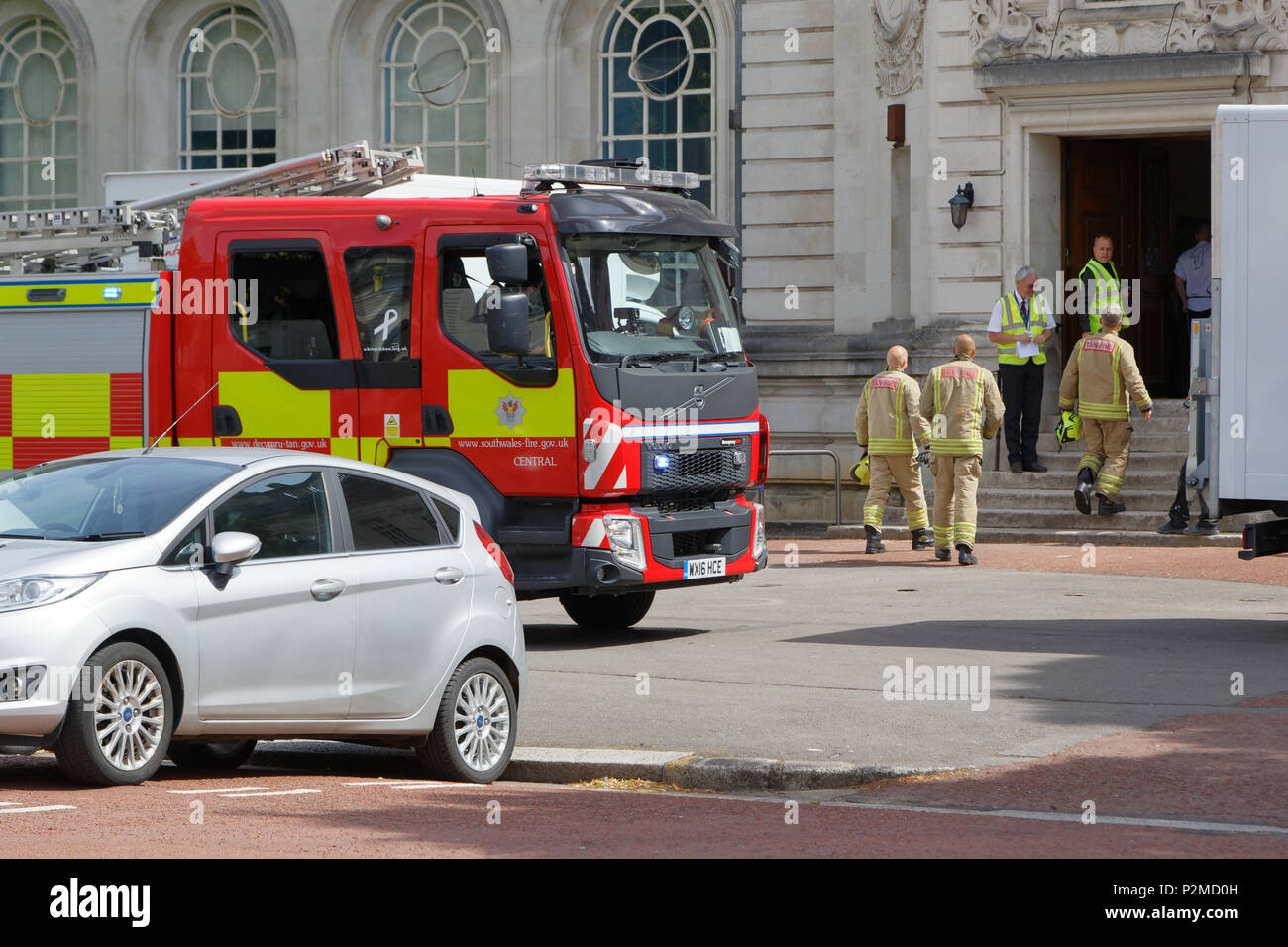 Pictured: Fire service attends a fire alarm at Cardiff City Hall, Wales ...