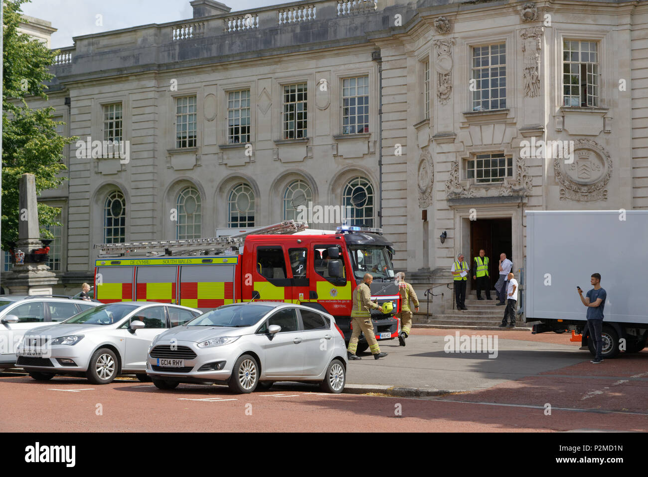 Pictured: Fire service attends a fire alarm at Cardiff City Hall, Wales ...