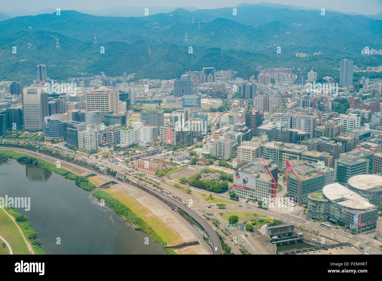 Aerial view of the beautiful Taipei City, from an airplane window seat ...