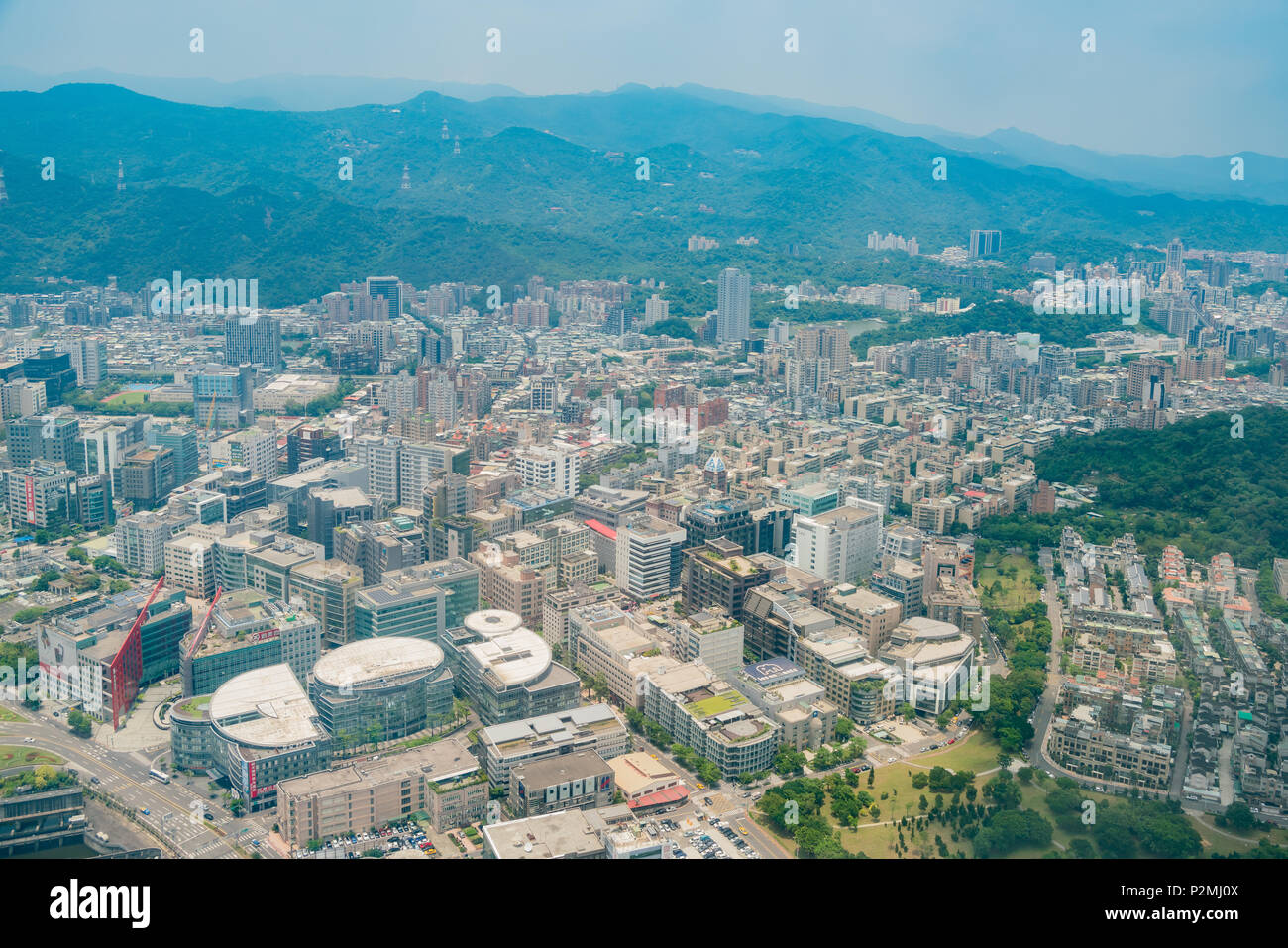 Aerial view of the beautiful Taipei City, from an airplane window seat ...