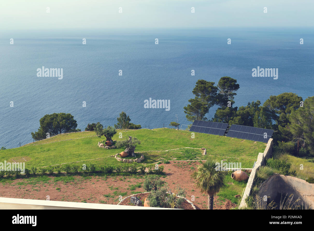 2018, 12 May, Banyalbufar, Majorca, Spain. Palm trees an earthenware ...