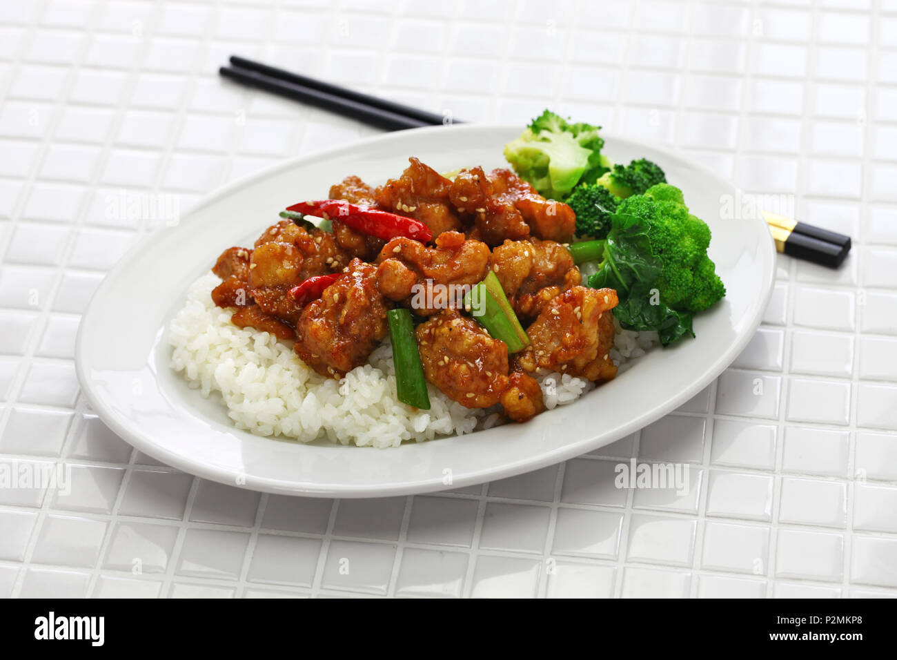 general tso’s chicken with rice, american chinese cuisine Stock Photo ...