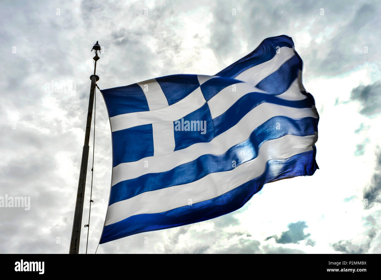 Blue White Greek Flag Sun Summit Acropolis Athens Greece. Cross ...