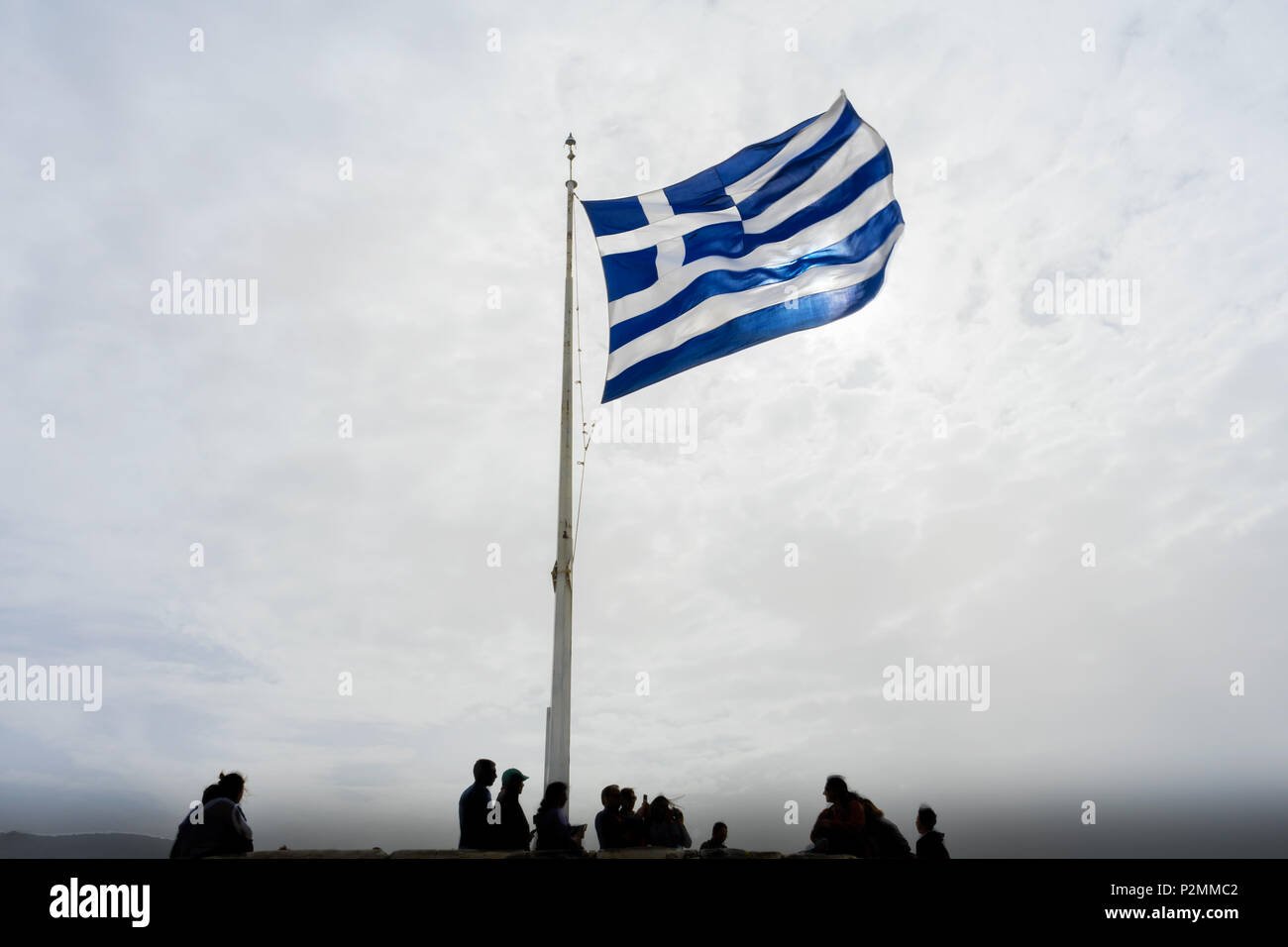 Blue White Greek Flag Summit Acropolis Athens Greece. Cross symbolizes ...