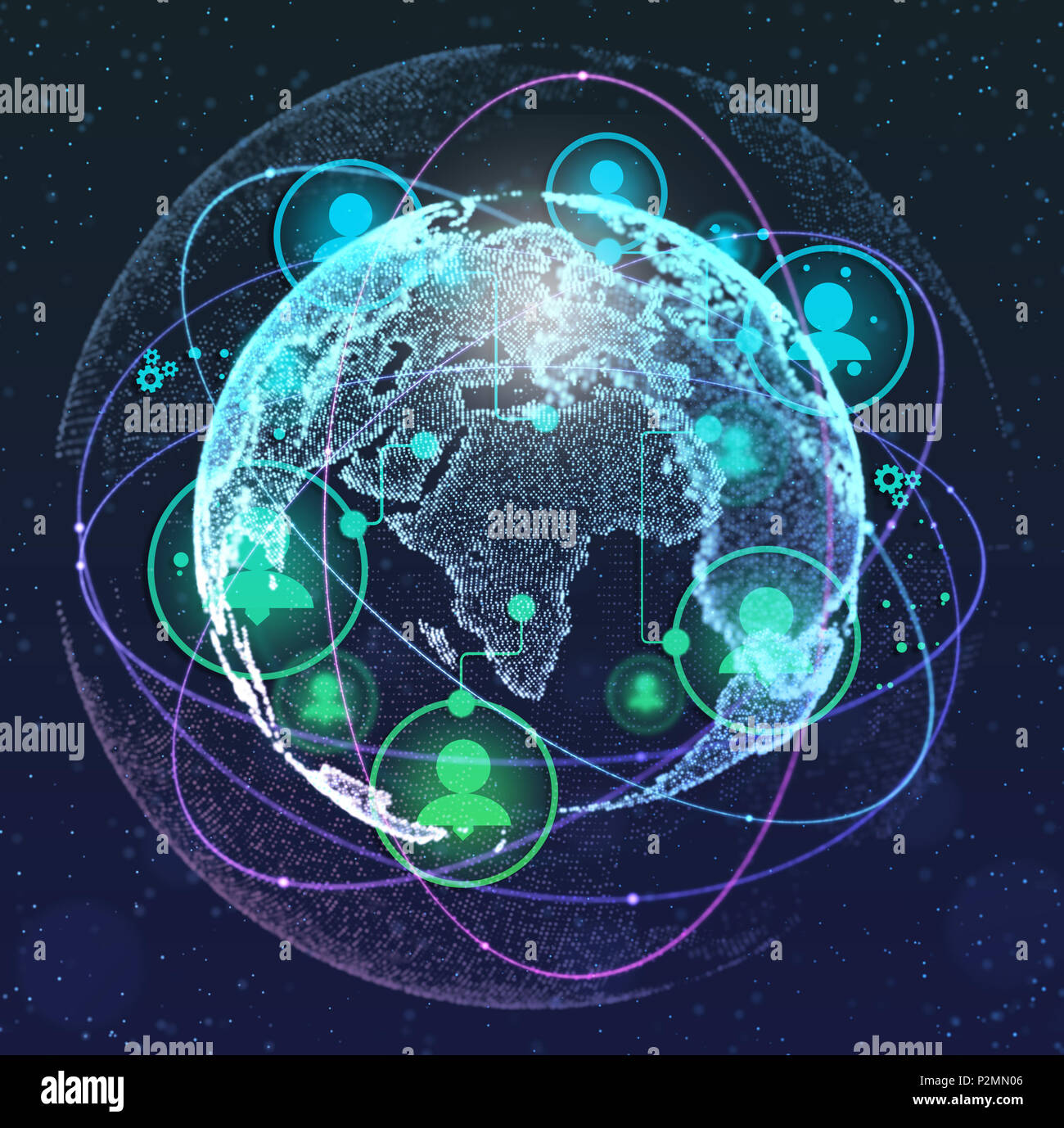 Close up of the Earth in the dark blue background and a network on top ...