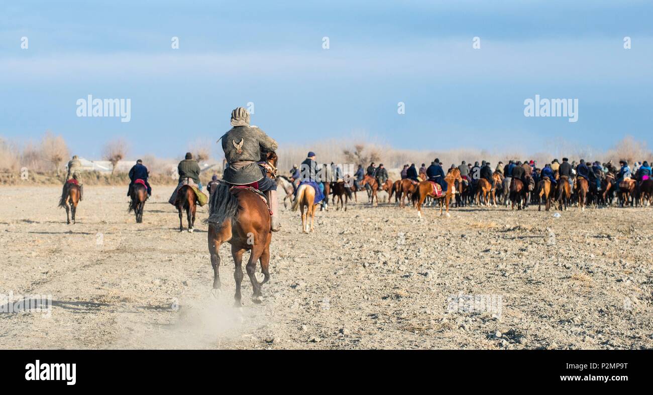 Uzbekistan, Samarcande area, Bouzkachi, the riders are fighting to get ...