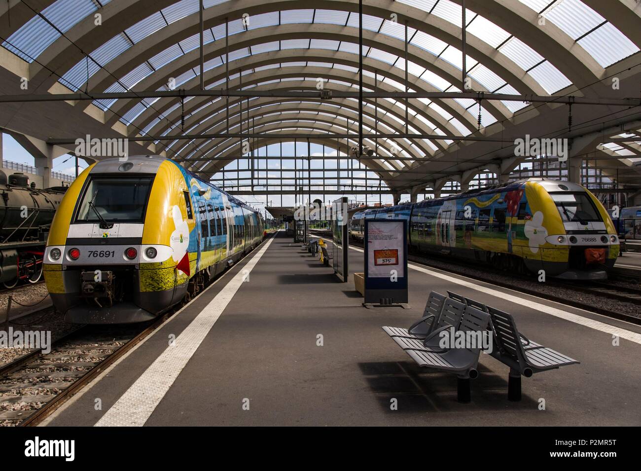 France, Marne, Reims, view inside the Center Reims station with two ...