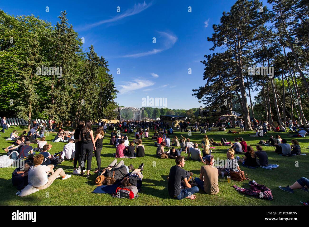 France, Marne, Reims, sitting crowd in front of a concert during the ...