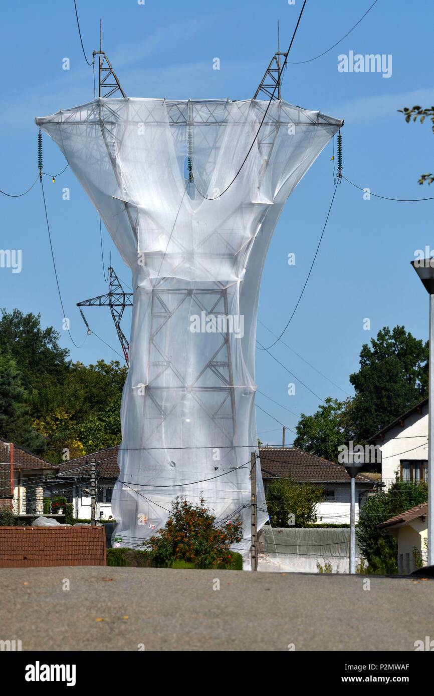 France, Doubs, Nommay, electric pylon, fabric wrapping the structure ...