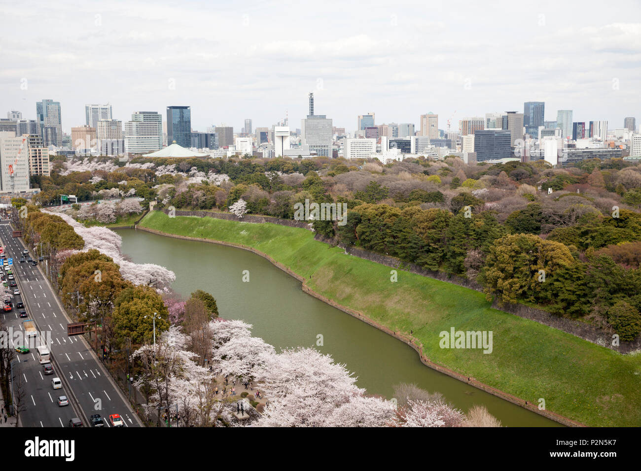 Higashi-Koen in spring with moat, skyscrapers and Tokyo Skytree in the ...