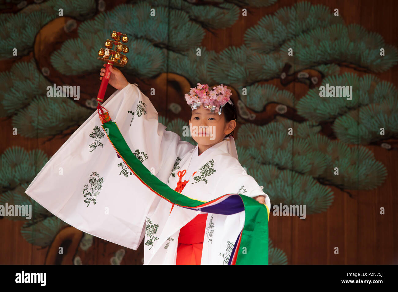 Girl dancing in traditional costume during Sanja Matsuri in Asakusa ...