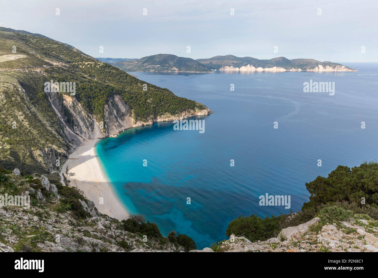 Aerial view of Myrtos beach, one of the most dramatic beaches in Greece ...