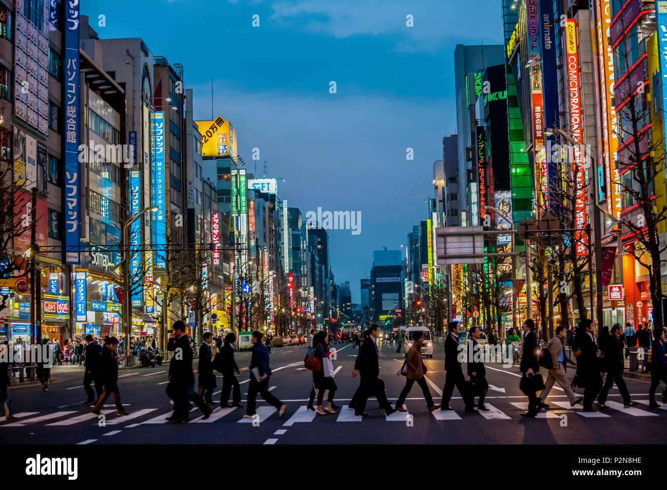 Illuminated signboards and pedestrians crossing Chuo-Dori in Akihabara ...