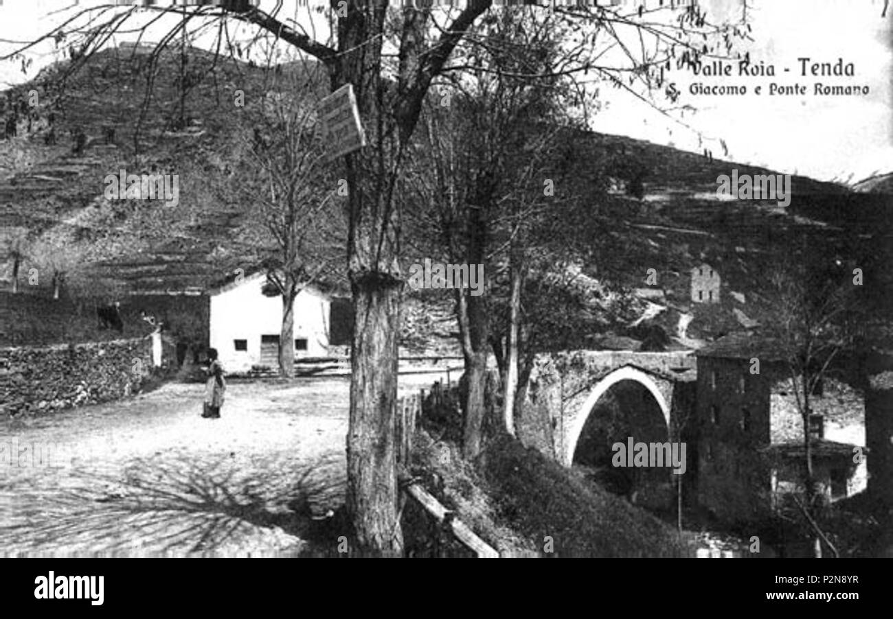 . English: Roman Bridge in Tenda, Italy now Tende, France in 1925 ...