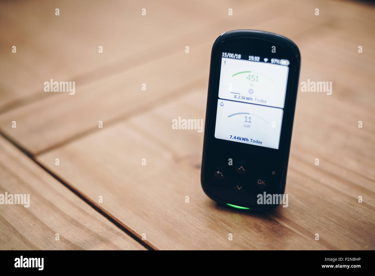 Domestic Energy Smart Meter on a living room coffee table, Displaying ...