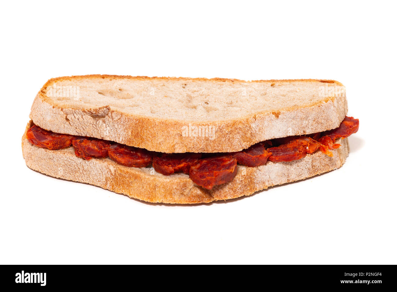 chorizo and traditional bread slices isolated on a white background ...