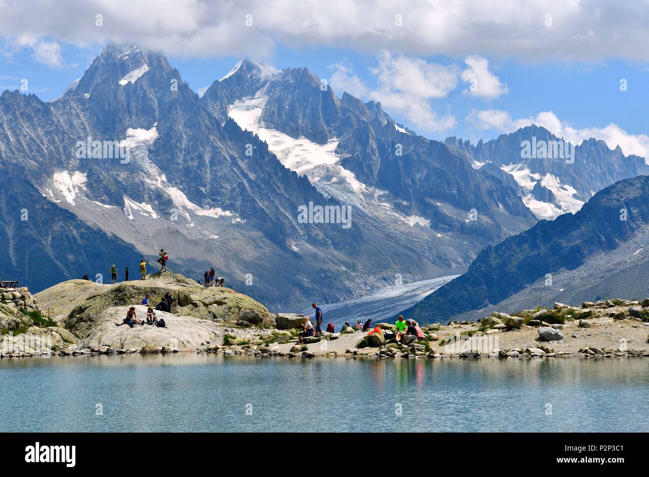 France, Haute Savoie, Chamonix Mont Blanc, Lac Blanc and refuge of the ...
