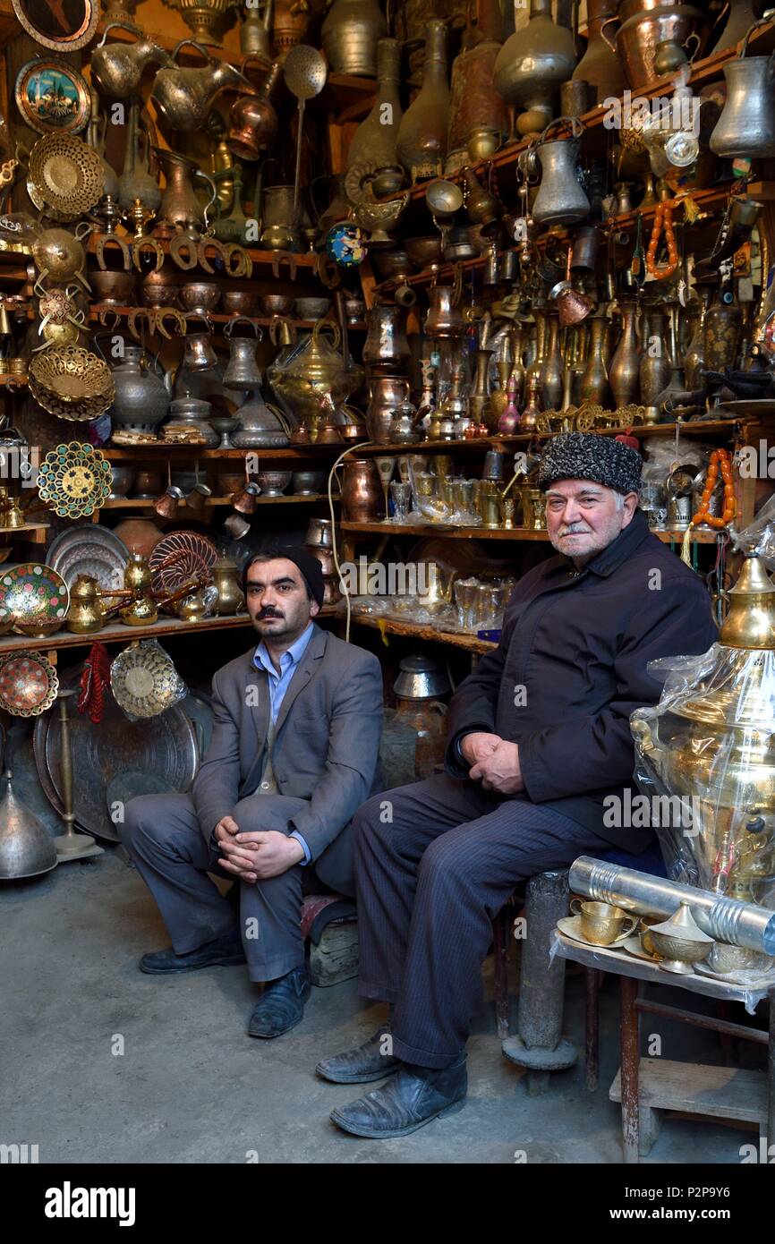 Azerbaijan, Ismailli region, Lahij (Lahic), copper object shop Stock ...