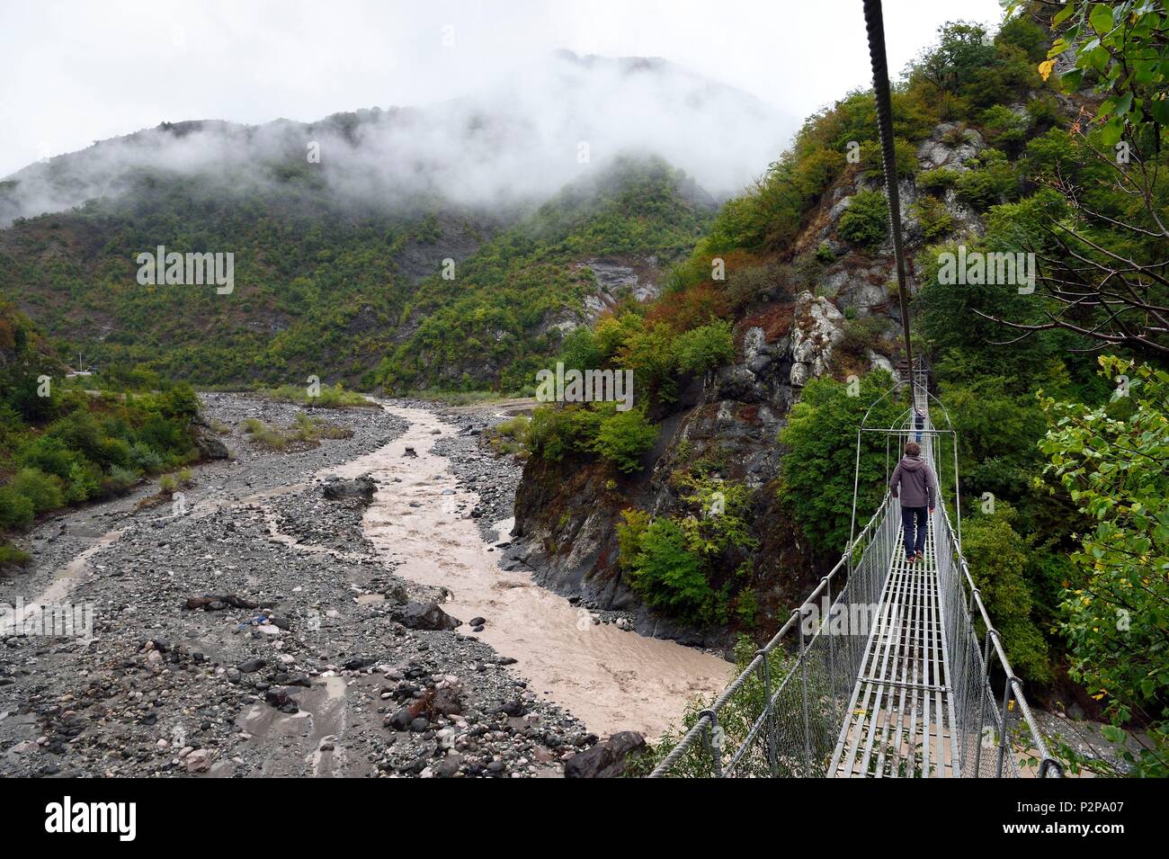 Azerbaijan, Ismailli region, suspension bridge over the Girdimanchai ...