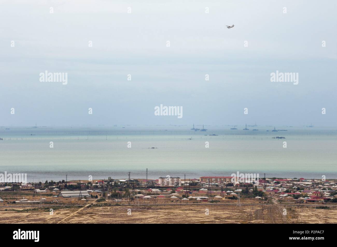 Azerbaijan, Baku Bay, Gobustan, offshore oil rigs in the Caspian Sea ...