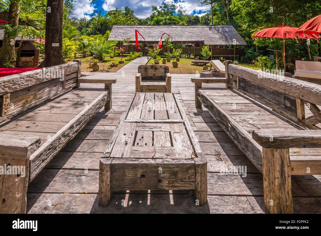 France, French Guiana, Kourou, Pontoon-terrace of Wapa Lodge Stock ...