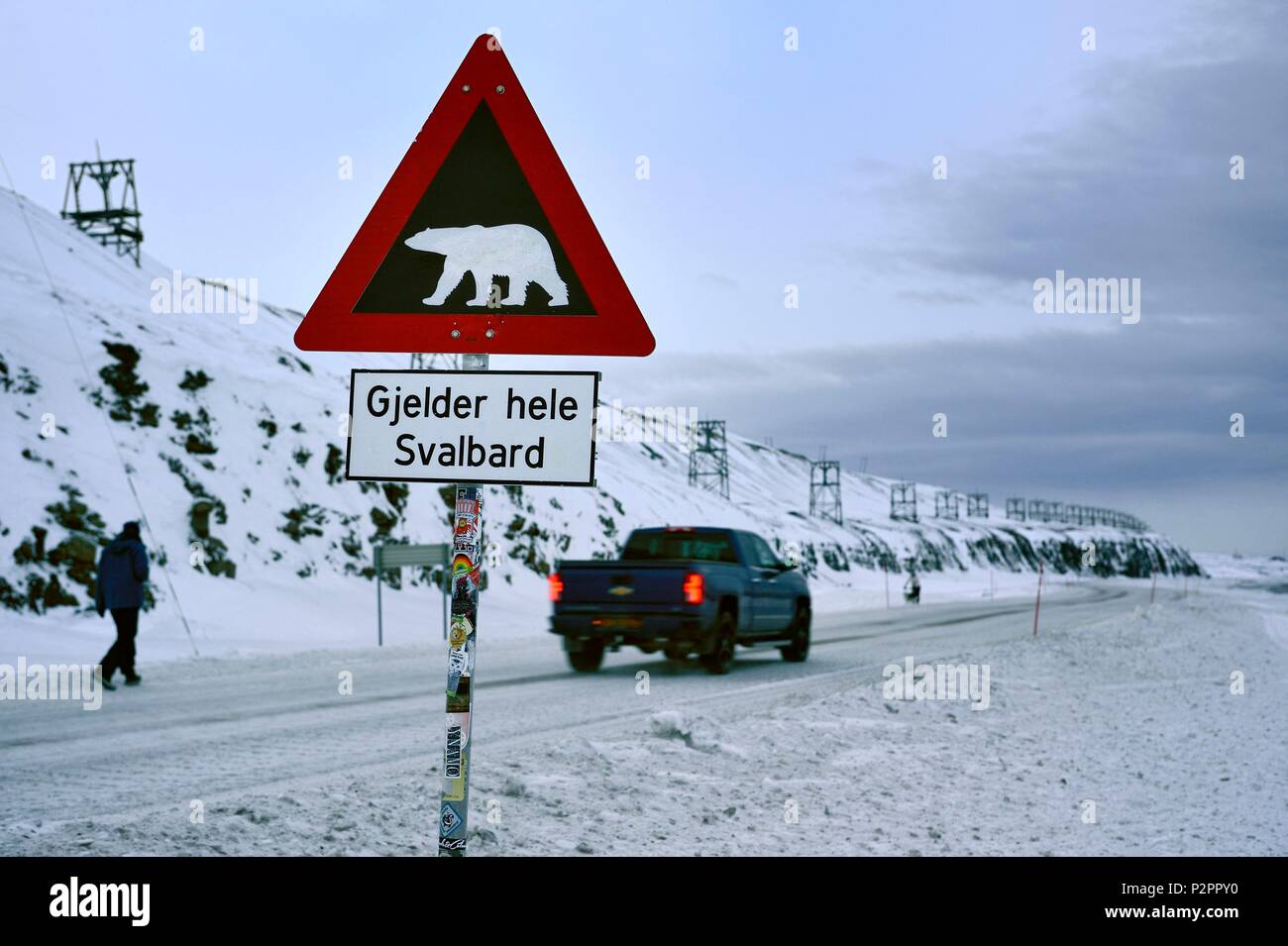 Norway, Svalbard, Spitzbergen, Longyearbyen, warning sign of potential ...