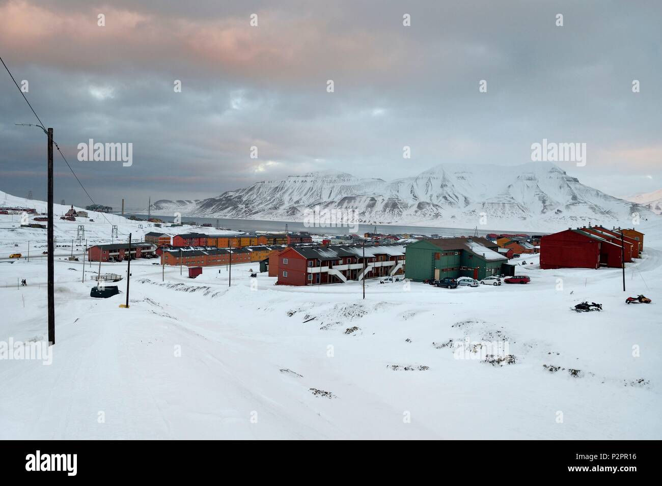 Norway, Svalbard, Spitzbergen, Longyearbyen, residential buildings and ...