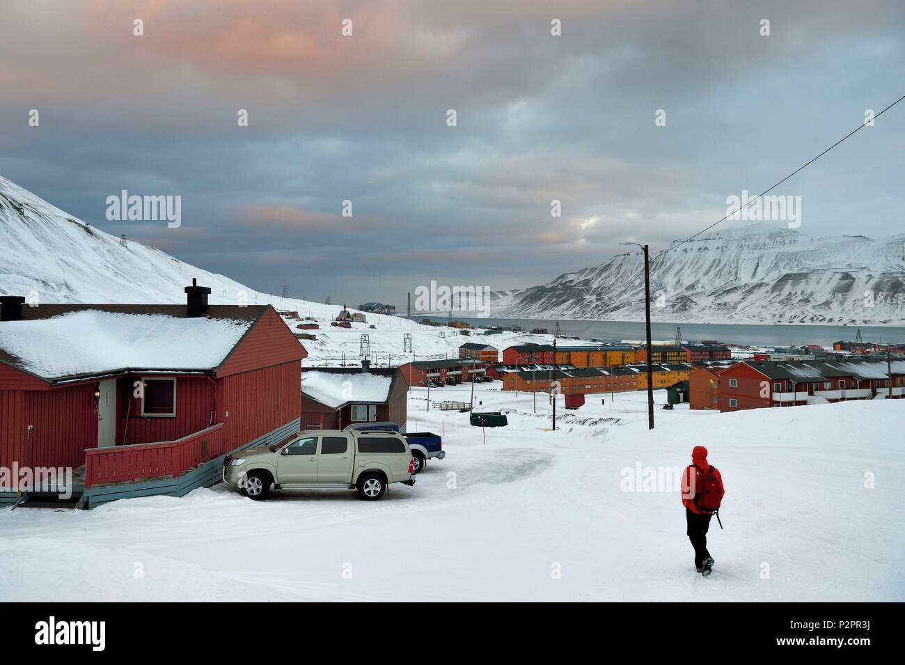 Norway, Svalbard, Spitzbergen, Longyearbyen, residential buildings and ...