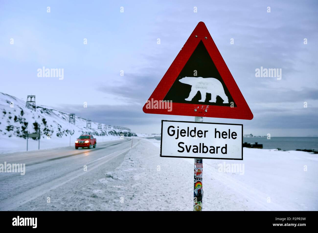 Norway, Svalbard, Spitzbergen, Longyearbyen, warning sign of potential ...