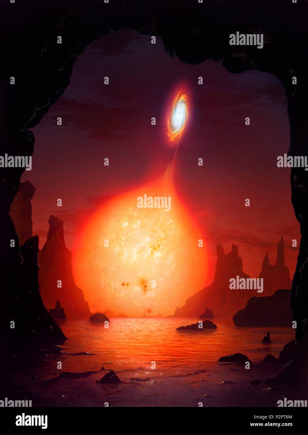 Artwork of a cataclysmic binary (or variable) star seen from a cave on a nearby planet Stock ...