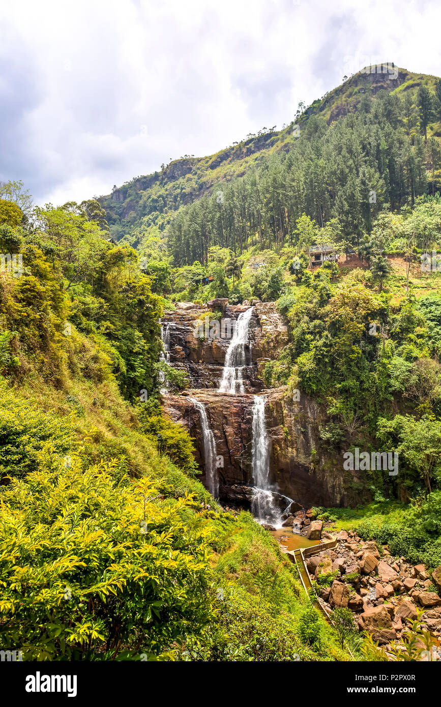 View of a jungle waterfall, called Ramboda, between tea estates in Sri ...