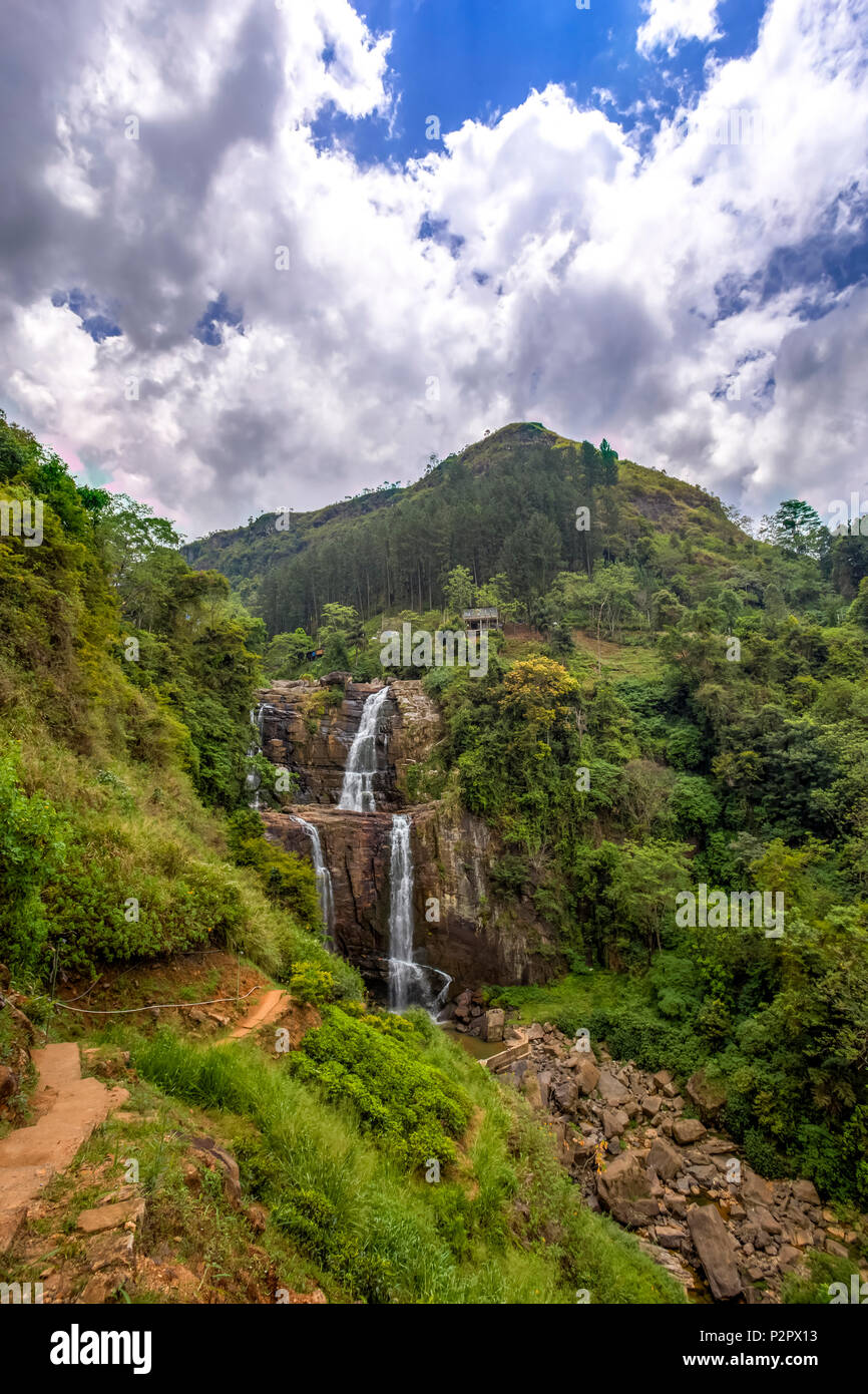 View of a jungle waterfall, called Ramboda, between tea estates in Sri ...