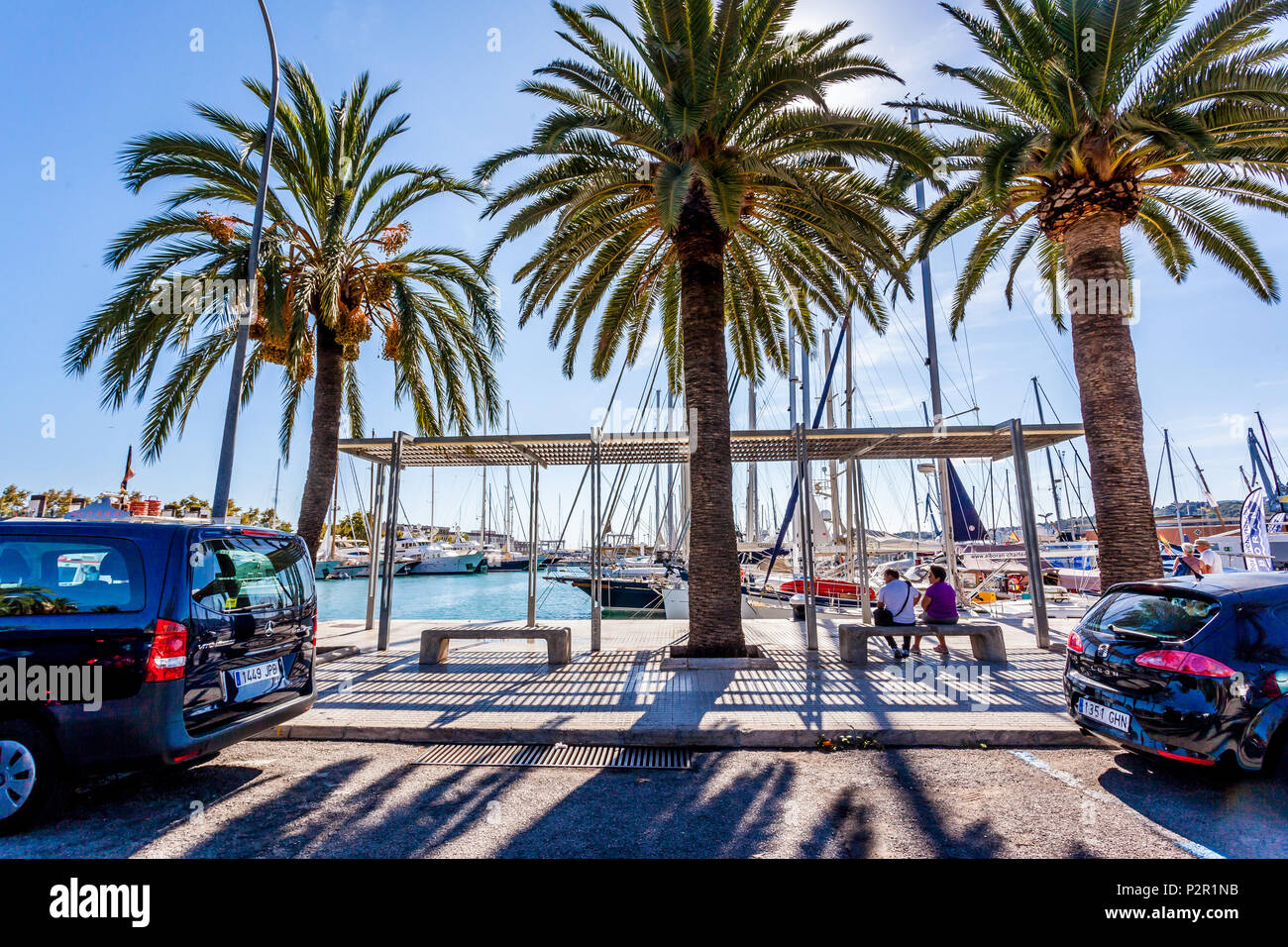 Luxury yachts and cars at the port of Mallorca. Puerto de Palma, Port ...