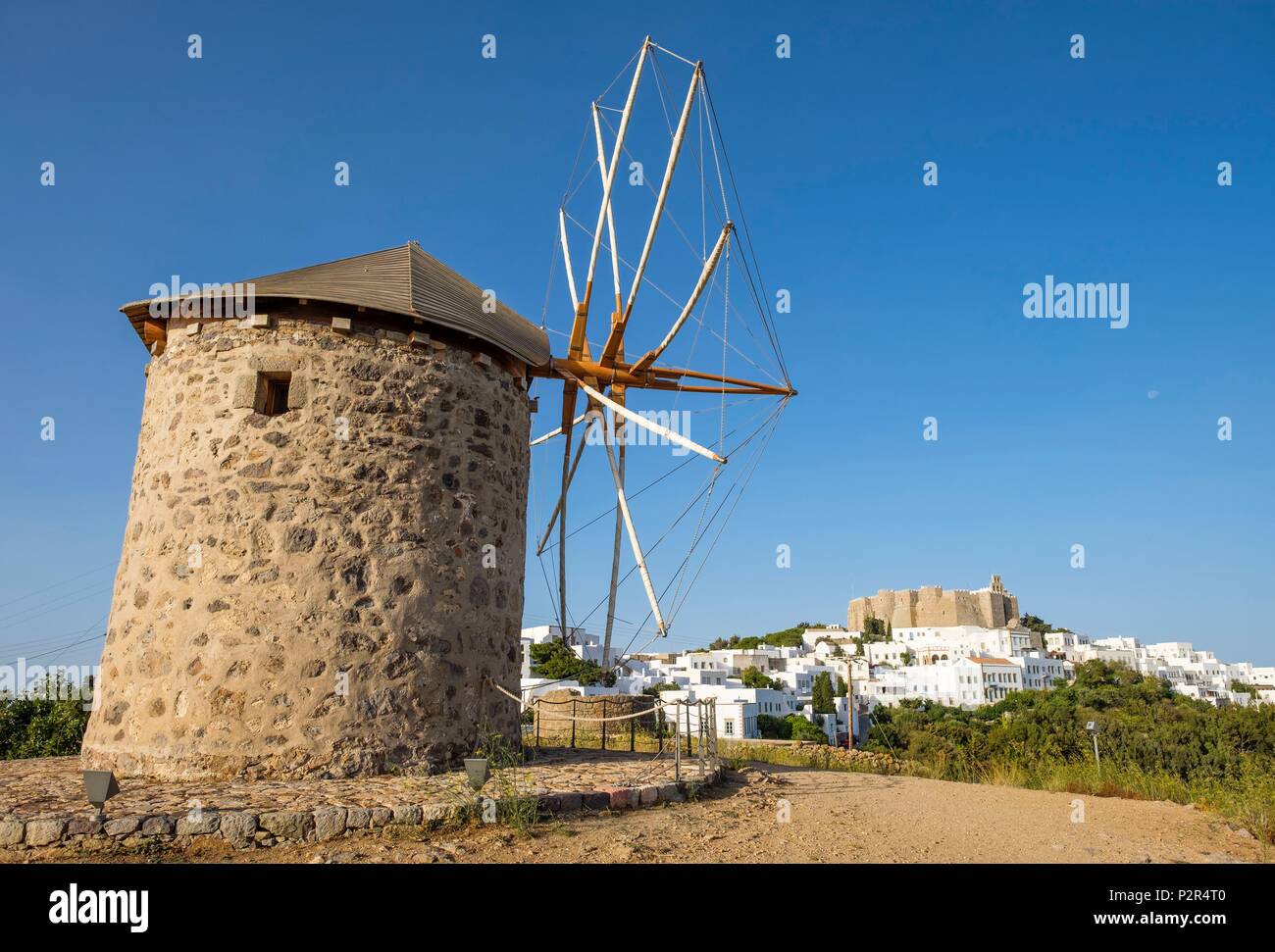 Greece, Dodecanese archipelago, Patmos island, Chora, the windmills and ...