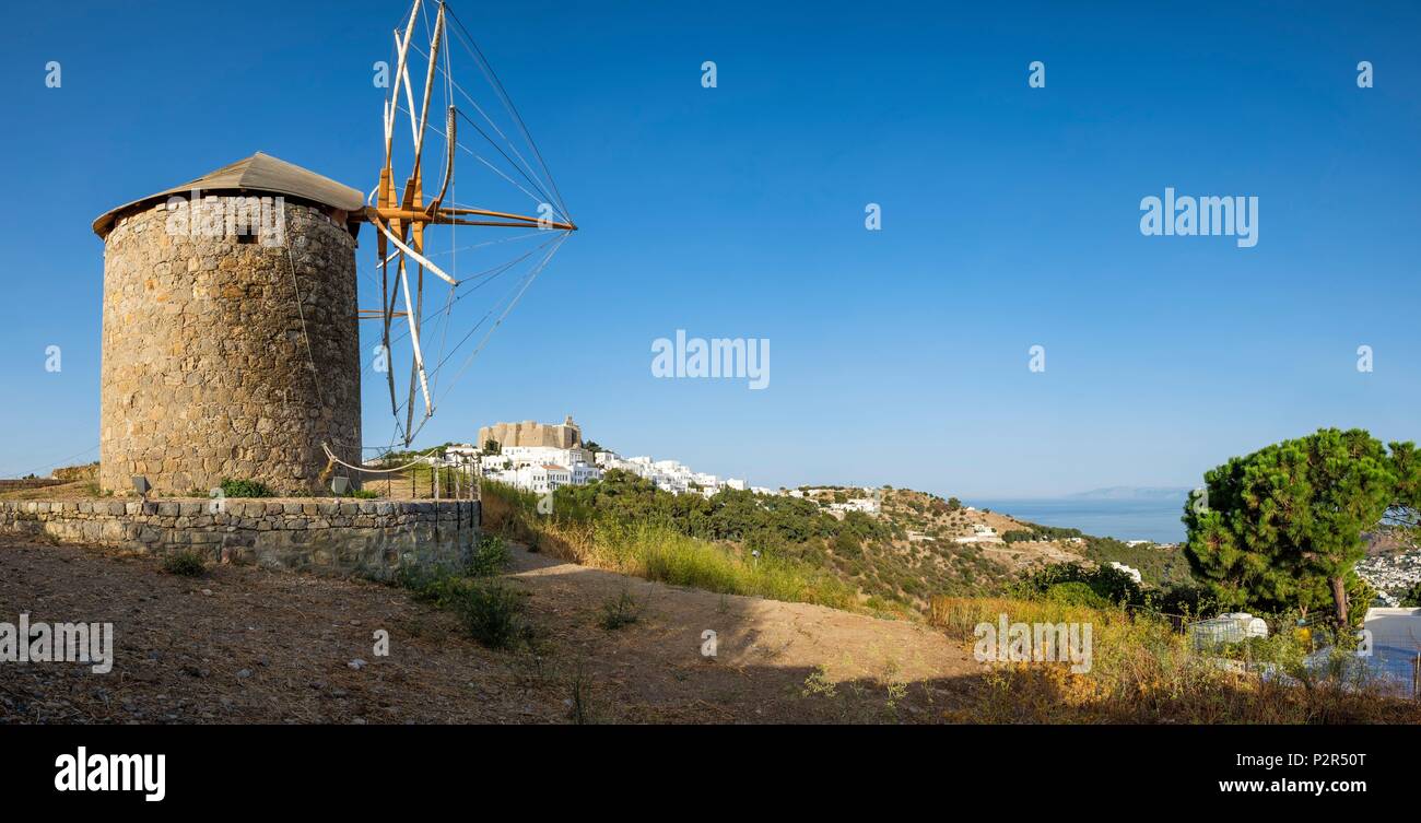 Greece, Dodecanese archipelago, Patmos island, Chora, the windmills and ...