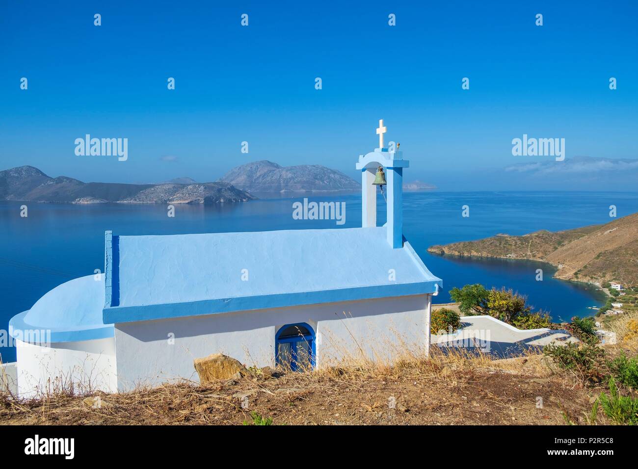 Greece, Fourni Korseon archipelago, Fourni island, church overlooking ...