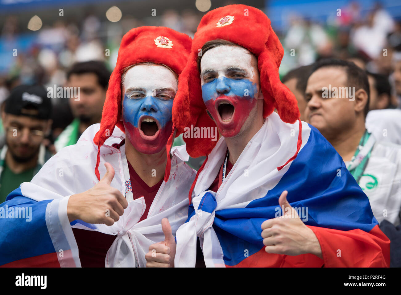 Russian fans with face painting, jubilation, cheering, cheering, joy ...