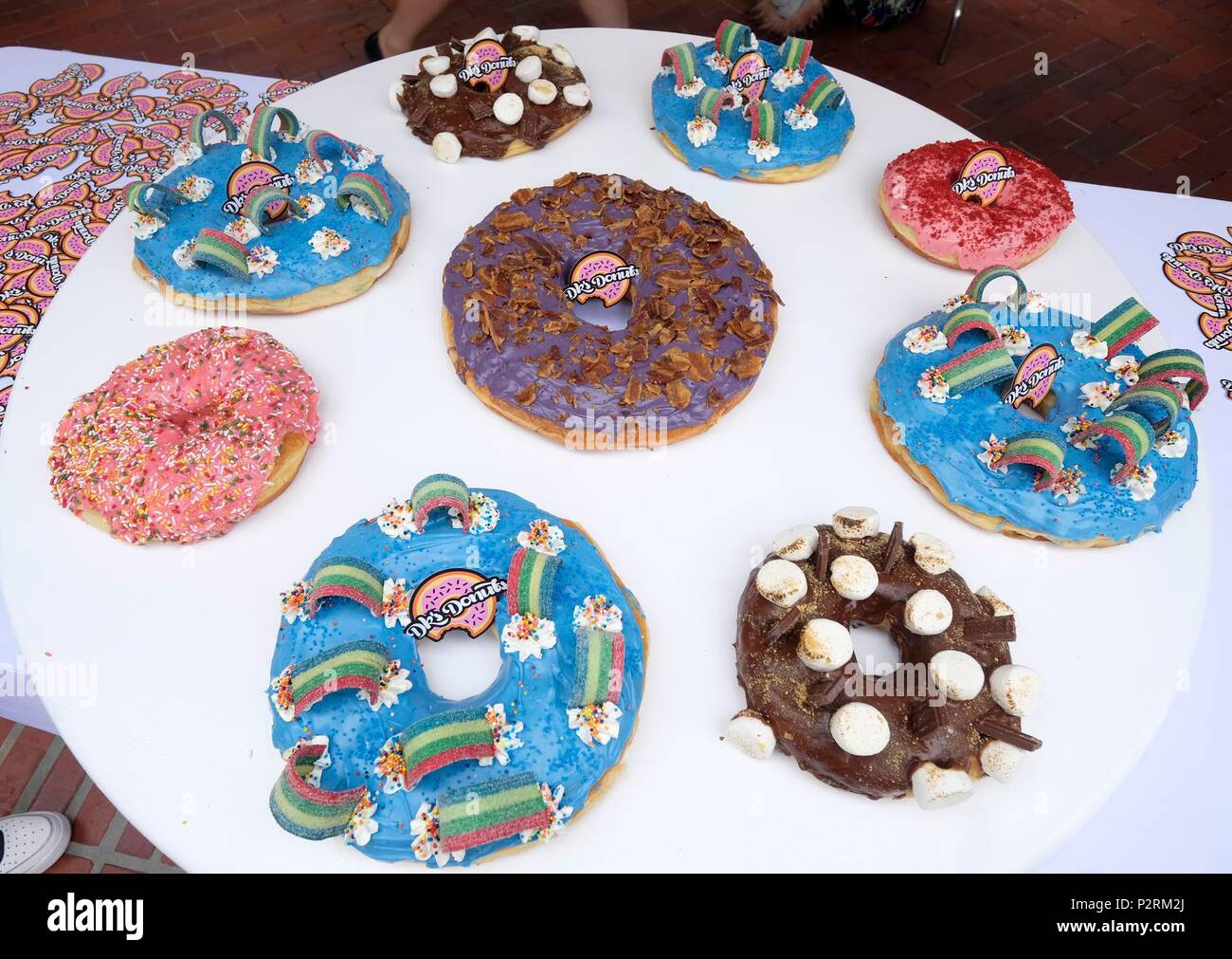 Los Angeles, USA. 16th June, 2018. Giant donuts are displayed during ...