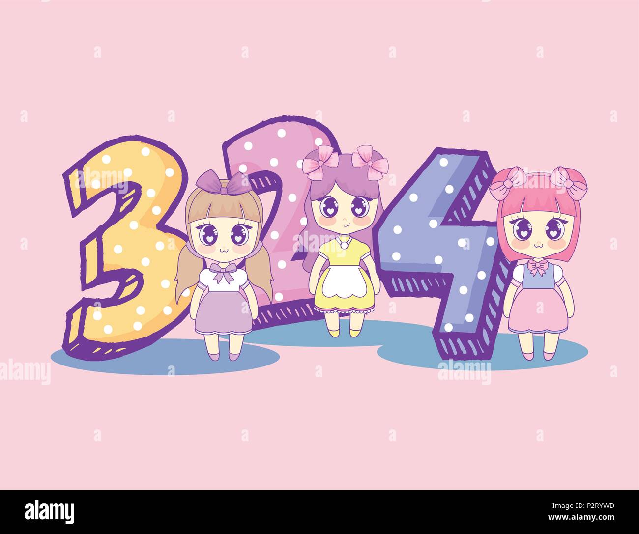kawaii girls with number birthday card vector illustration design Stock ...