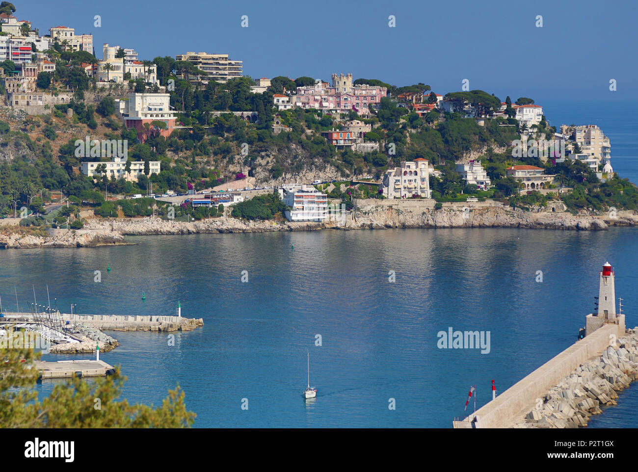 Aerial perspective of the sea and city Nice Mont Boron from the Castle ...