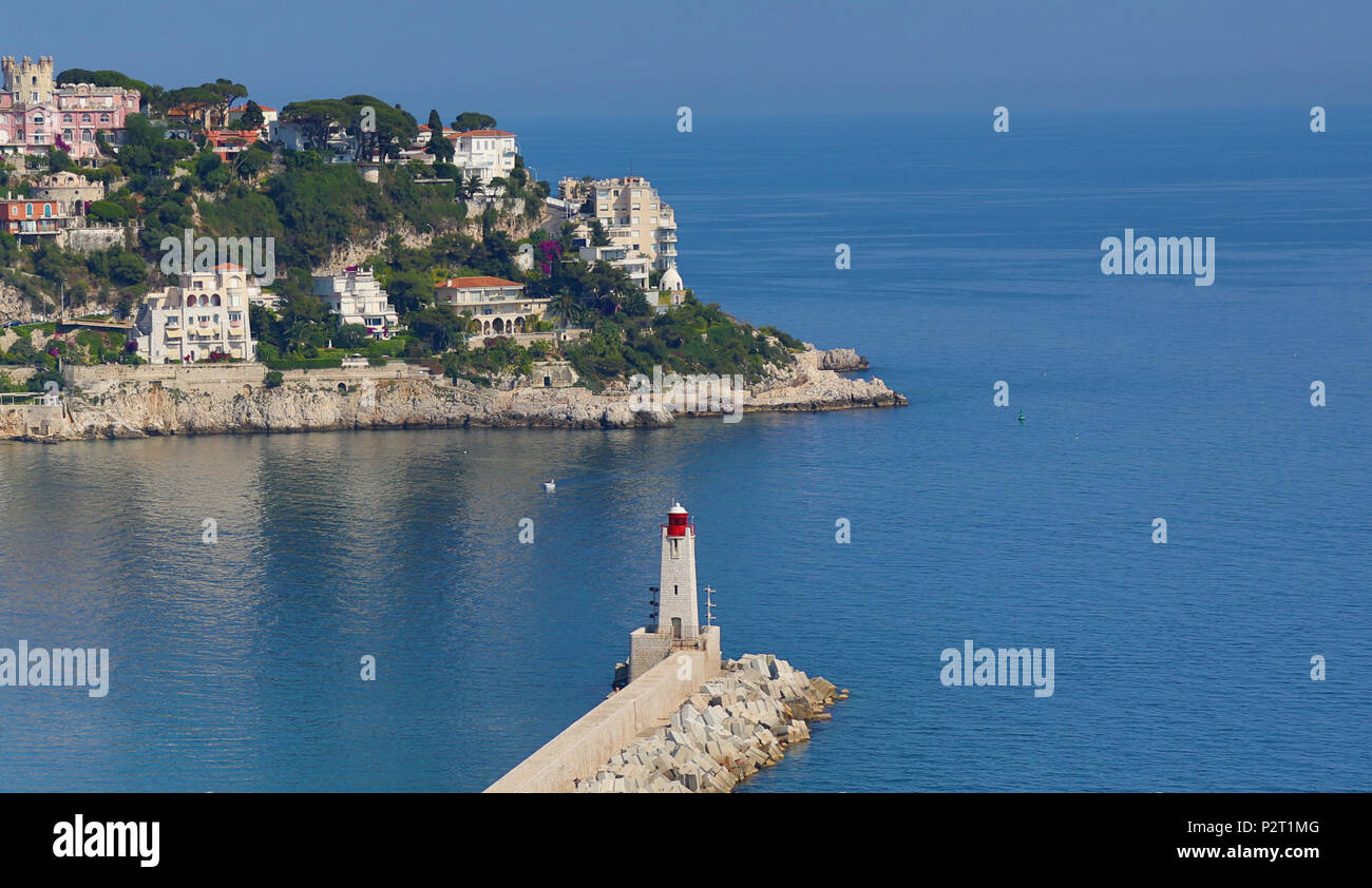 Aerial perspective of the sea, lighthouse and city Nice Mont Boron from ...