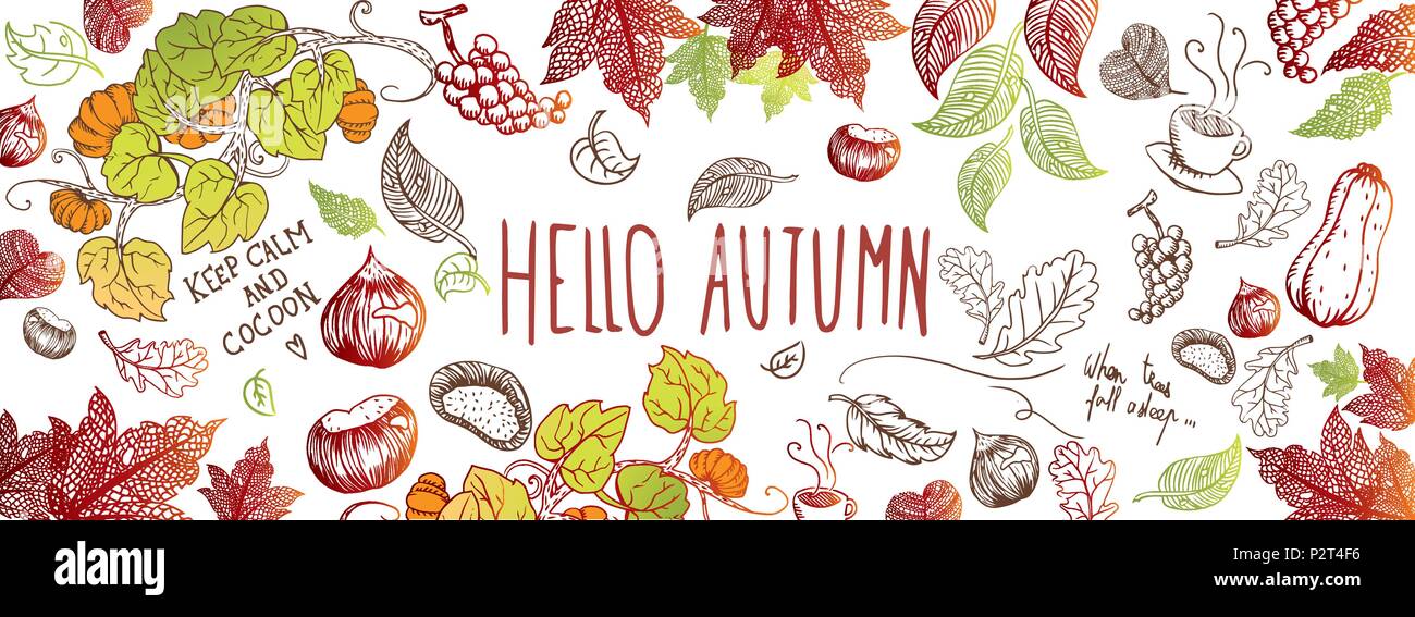 Sweet autumn doodles full vector large banner Stock Vector Image & Art ...