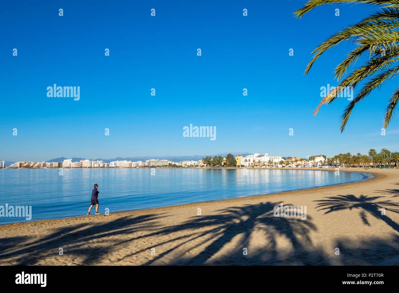 Spain, Catalonia, Roses searesort, the waterfront promenade lined with ...