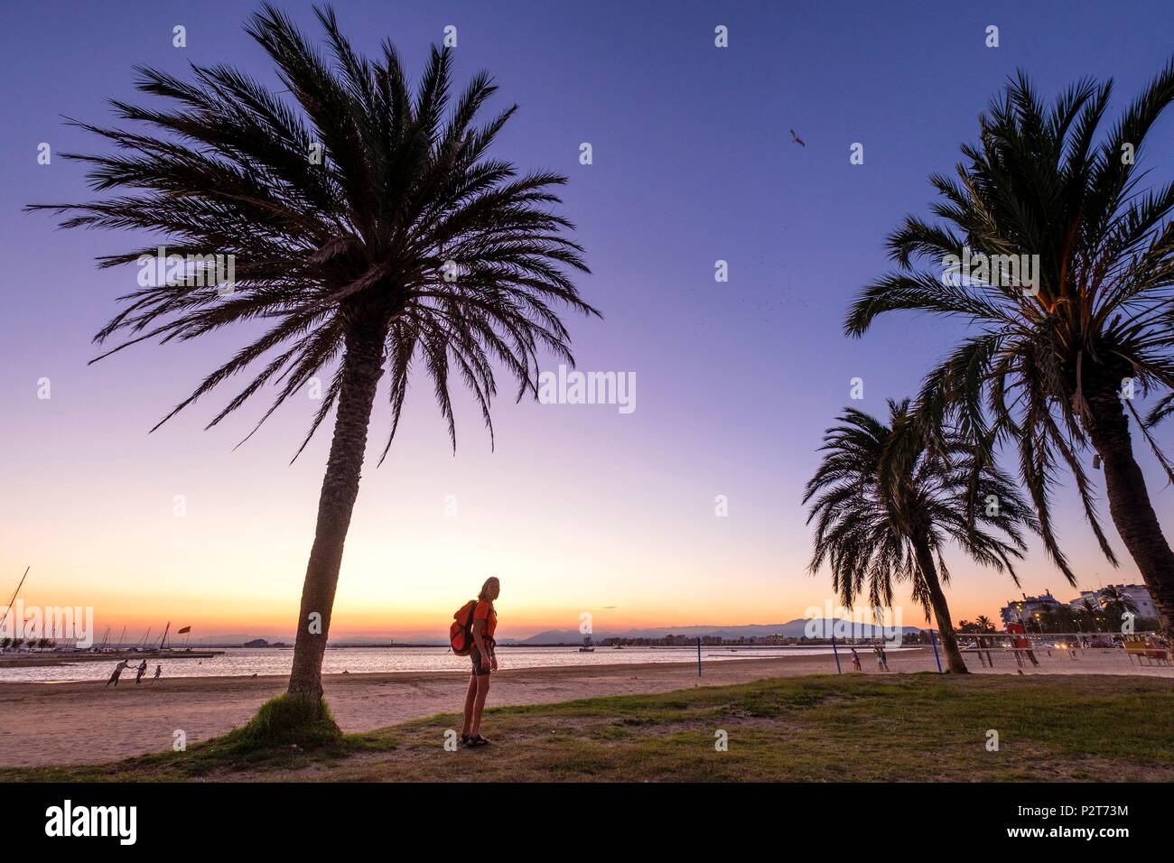 Spain, Catalonia, Roses searesort, the waterfront promenade lined with ...