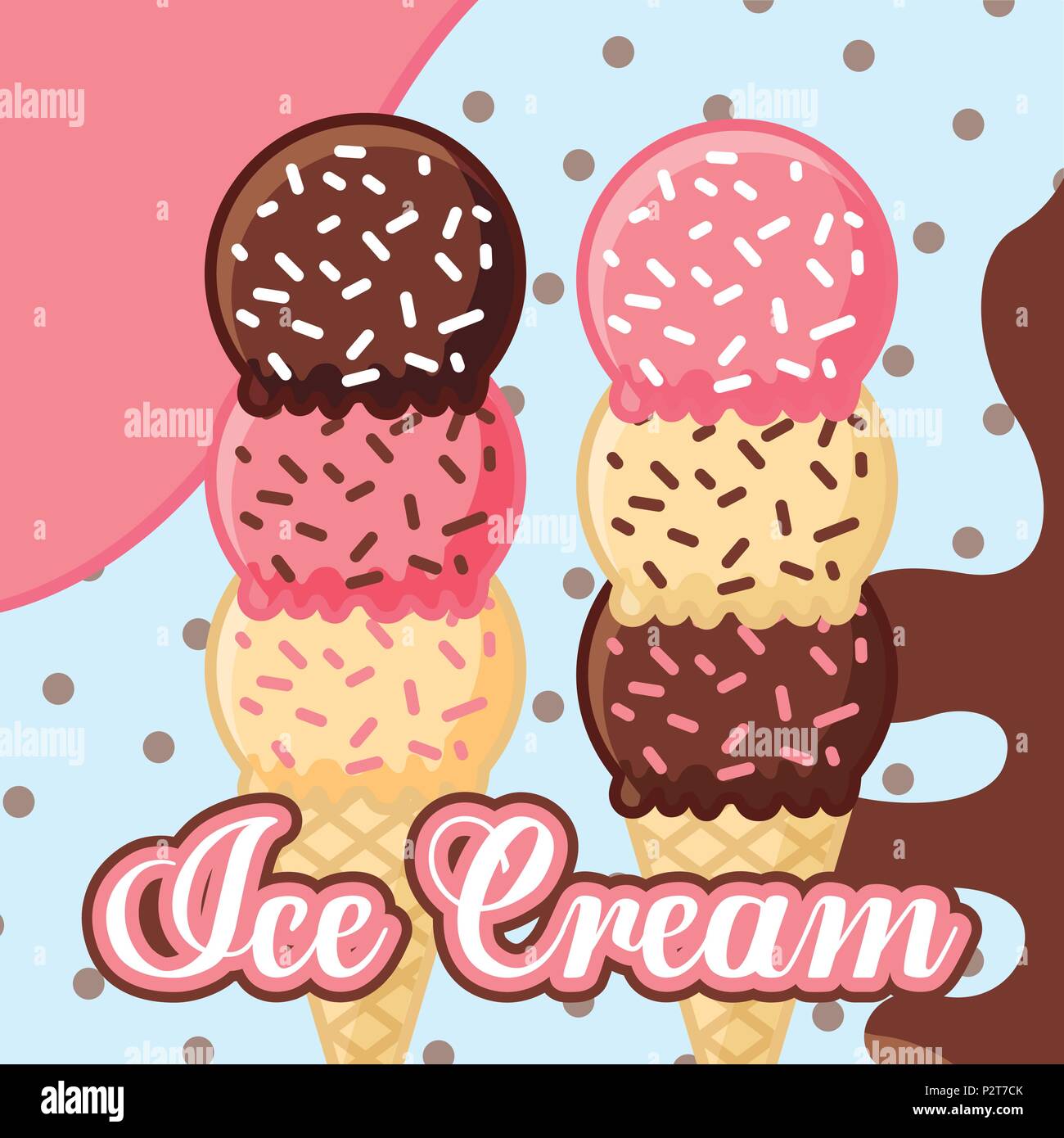 ice cream cones with three scoops chocolate vanilla dots and melting ...