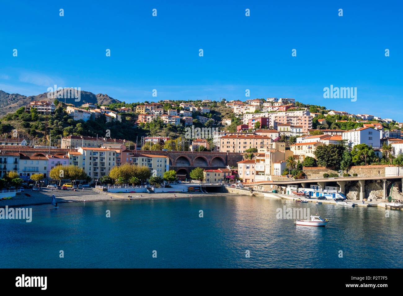 France, Pyrenees Orientales, Cote Vermeille, Cerbere, the harbour and ...