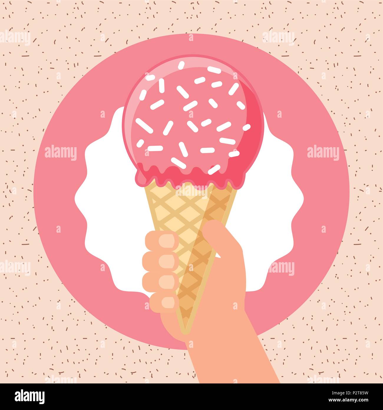 ice scream pink label striped background hand holding cone sparks ...