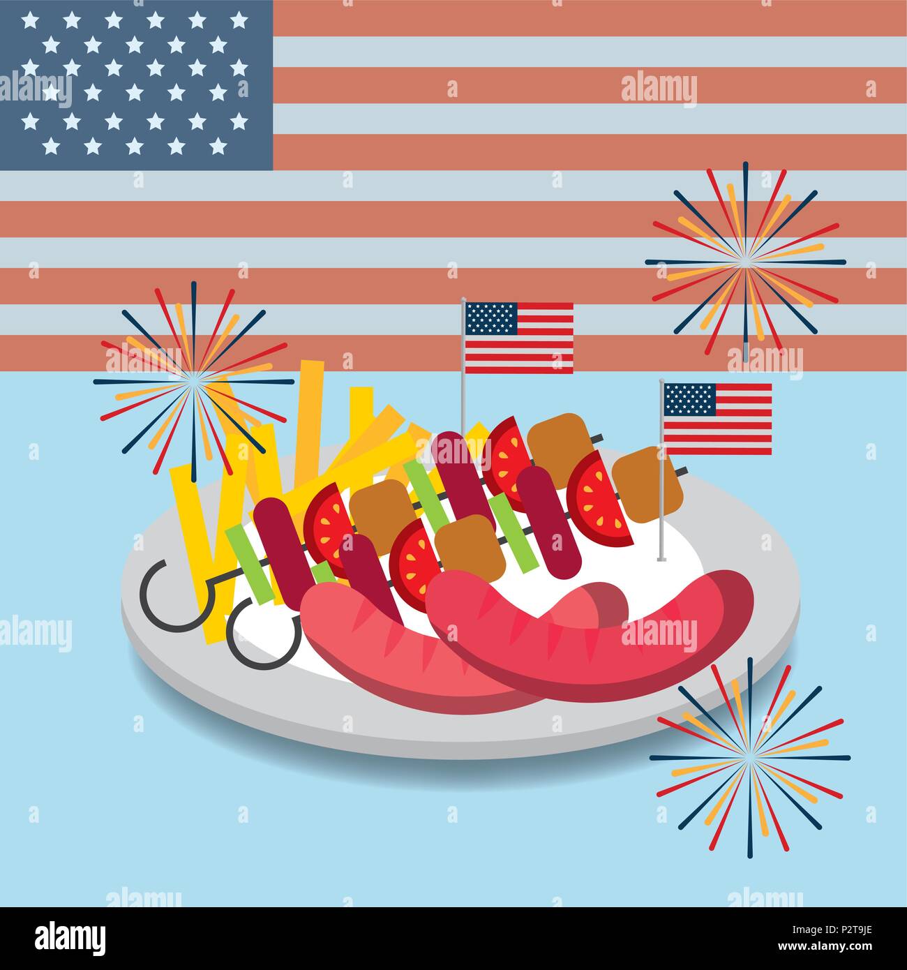food american independence day usa flag background dish with sausages ...